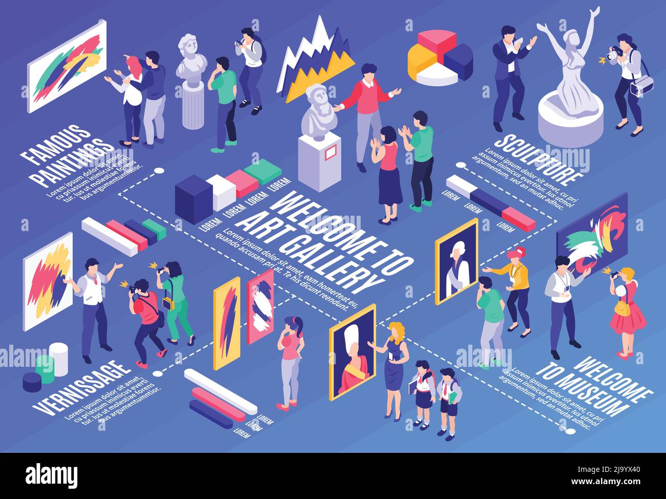 Isometric art gallery horizontal composition with flowchart of graph ...