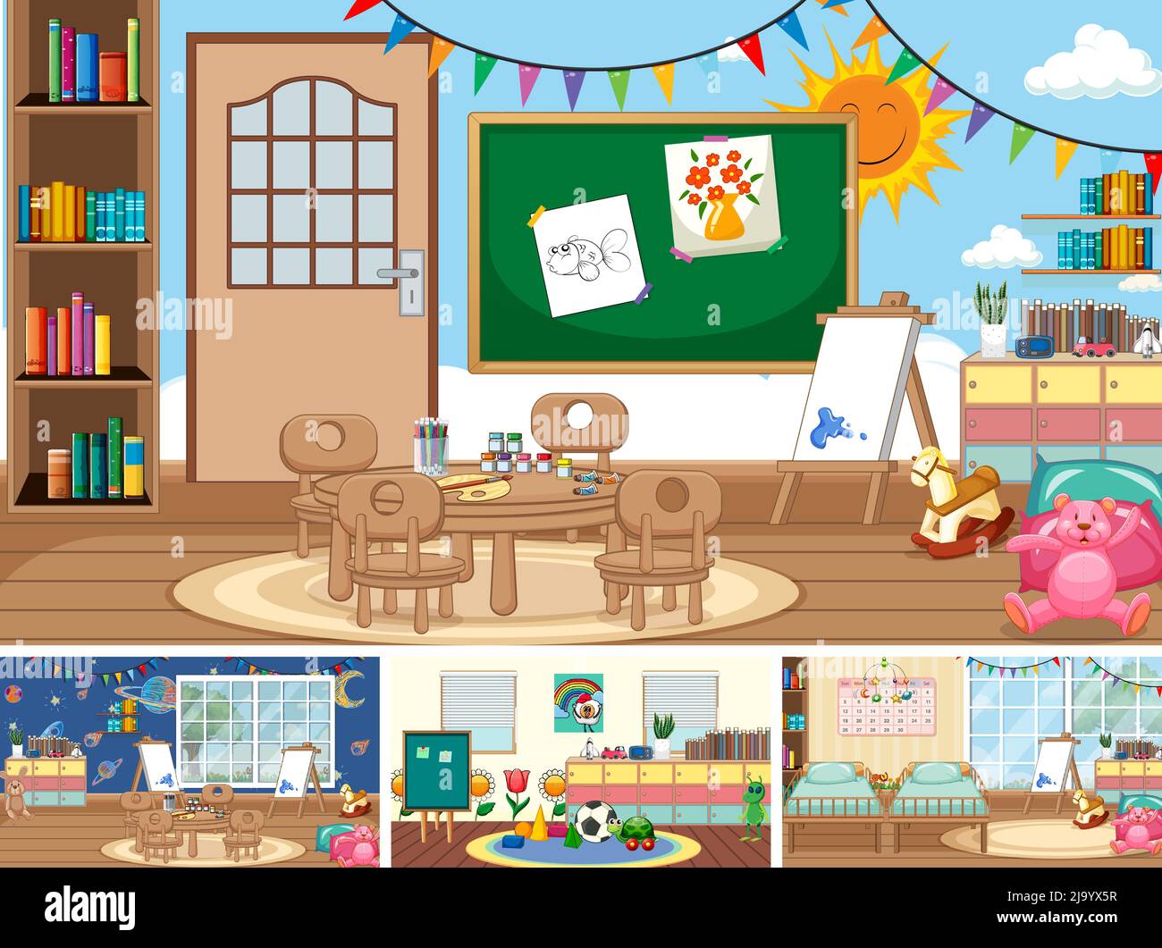 Set of different kindergarten classroom scenes illustration Stock ...