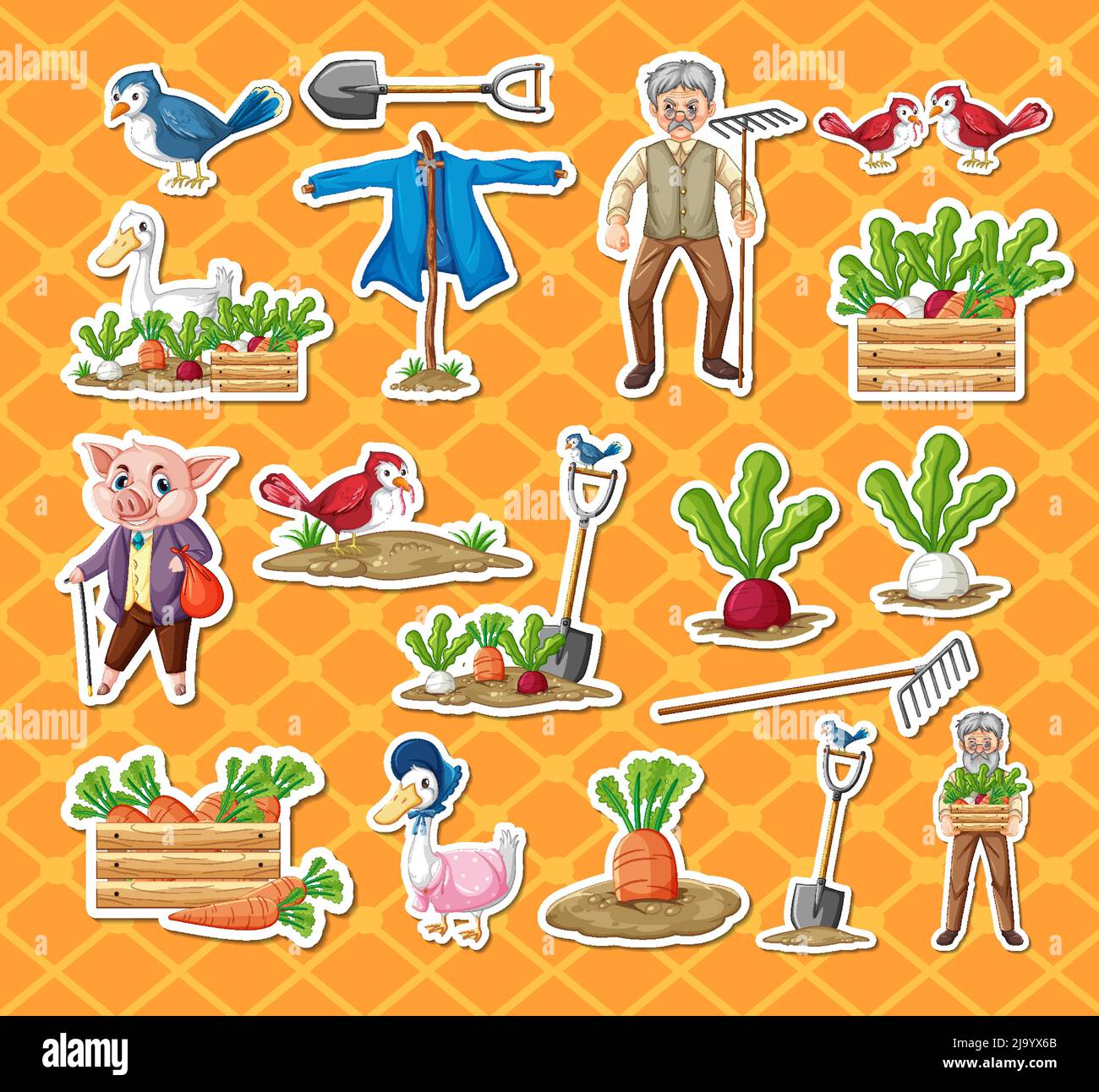 Sticker pack of farm objects and old farmer cartoon characters ...