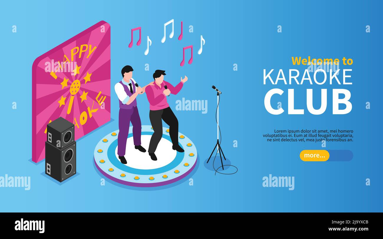 Isometric karaoke horizontal banner with editable text more button and ...