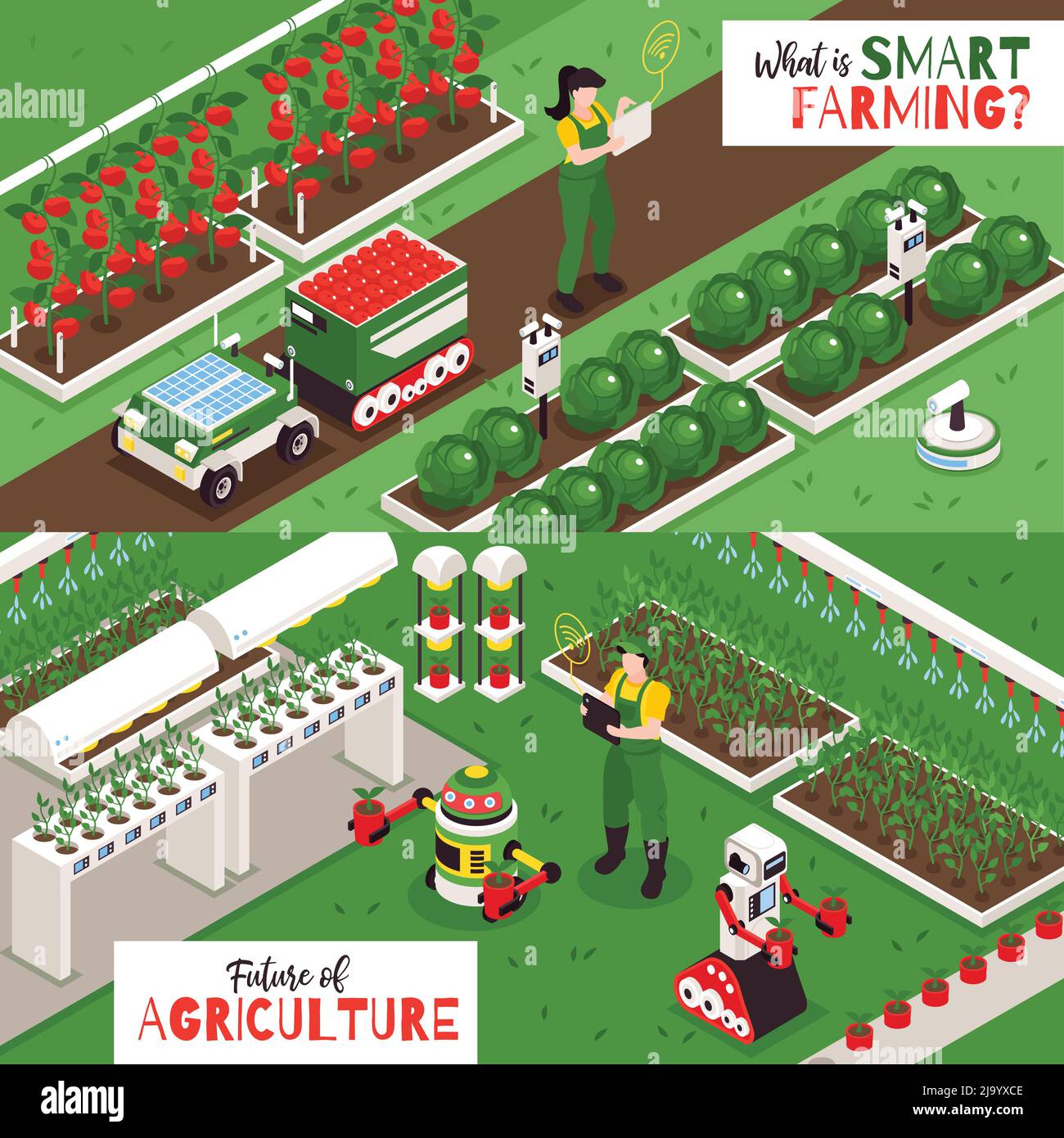 Set of two isometric smart farm horizontal banners with outdoor views ...