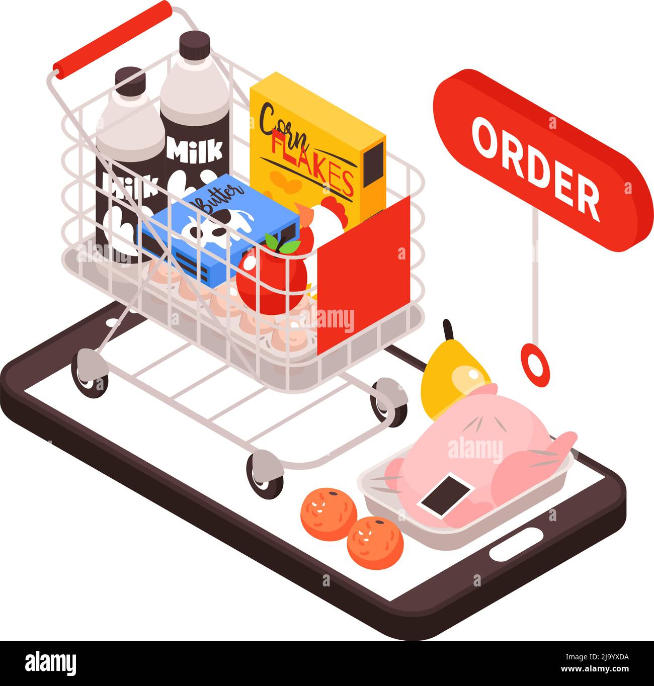 Isometric delivery food composition with image of smartphone with ...
