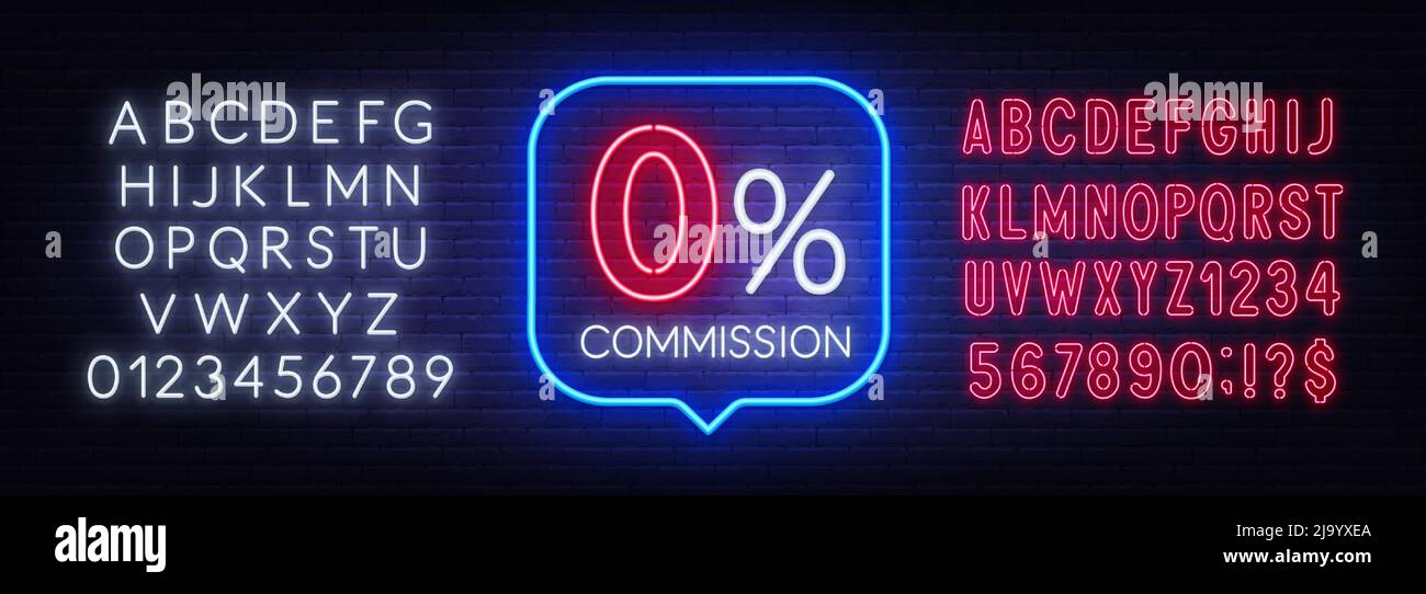 Zero percent commission neon sign in the speech bubble on brick wall ...