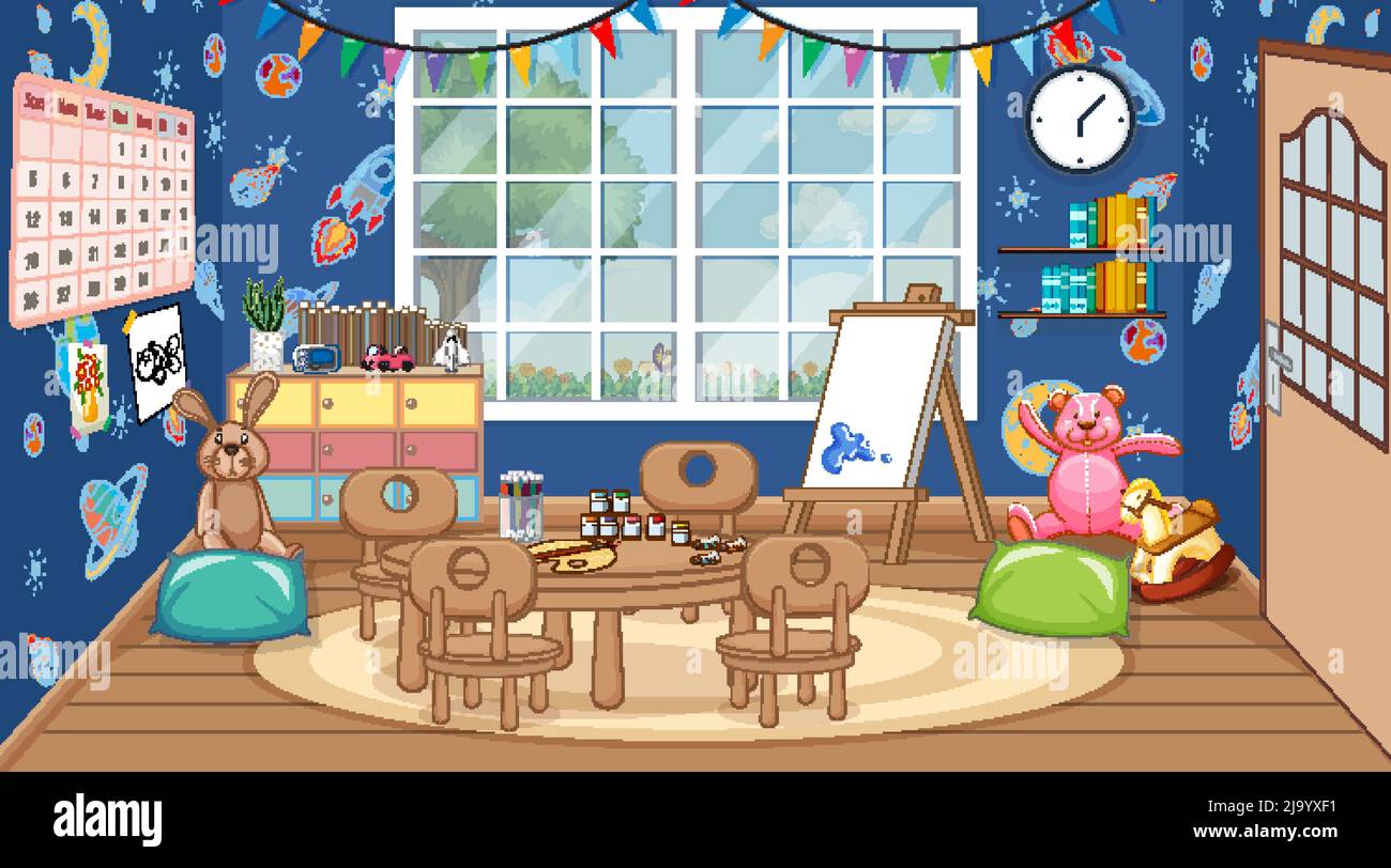 Scene of classroom with table and board illustration Stock Vector Image ...