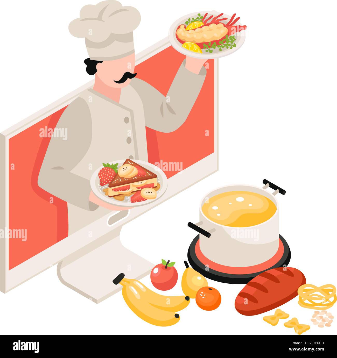 Cooking school isometric composition with delicious dishes ingredients ...