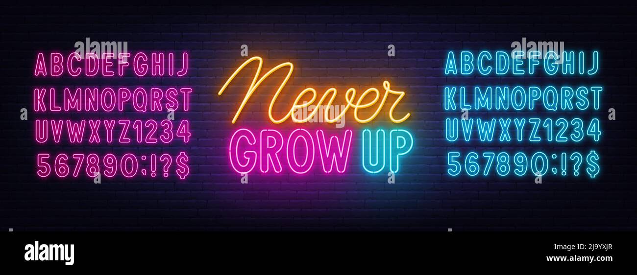 Never grow up neon sign on brick wall background Stock Vector Image ...