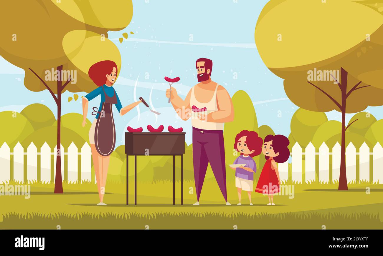 Bbq barbecue family composition with doodle characters of mom dad and ...