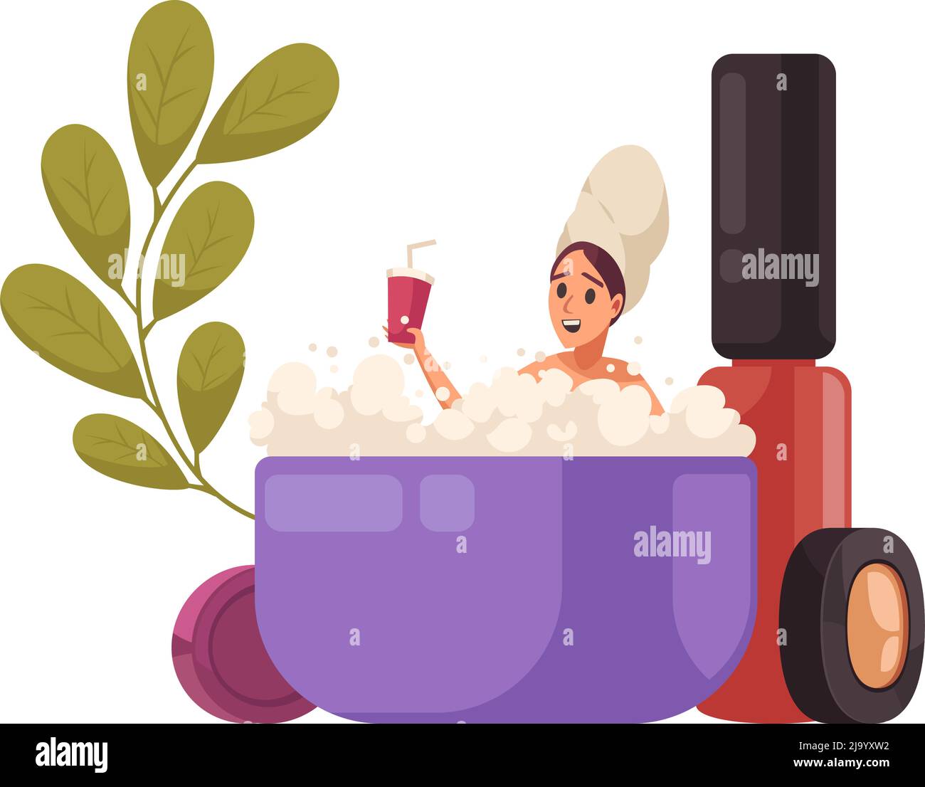 Spa flat composition with cosmetic products and happy woman relaxing in ...