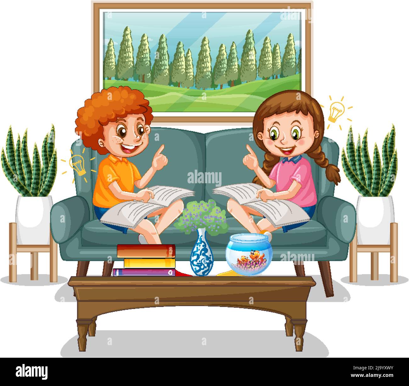 Children reading books at home illustration Stock Vector Image & Art ...