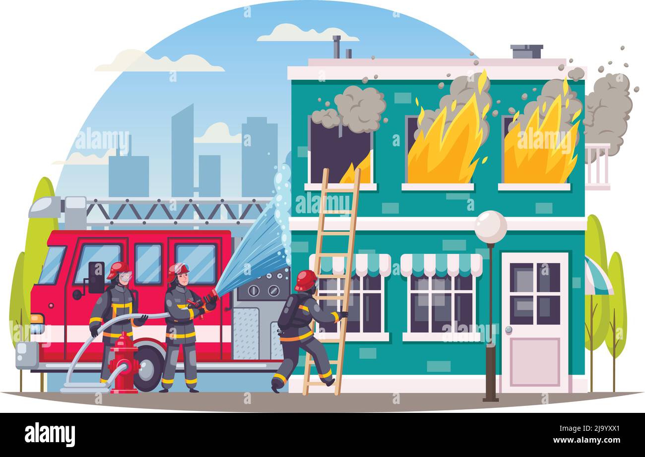 Firefighters cartoon round composition with cityscape background and ...
