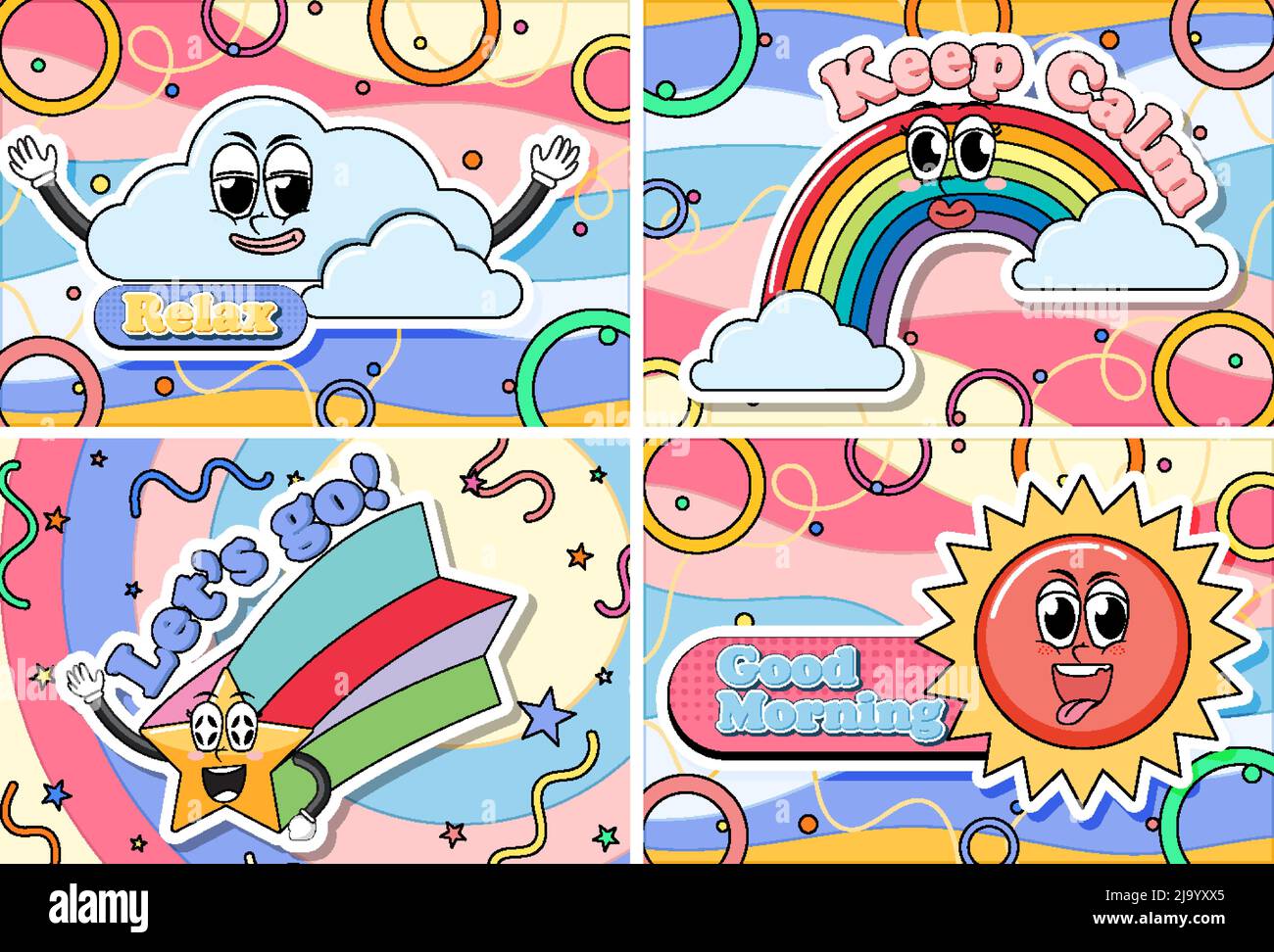 Set of sticker logo icon comic style illustration Stock Vector Image ...