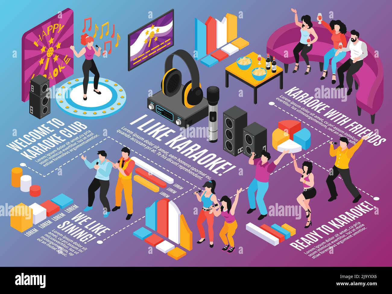 Isometric karaoke horizontal flowchart composition with party people ... Isometric karaoke horizontal flowchart composition with party people ...