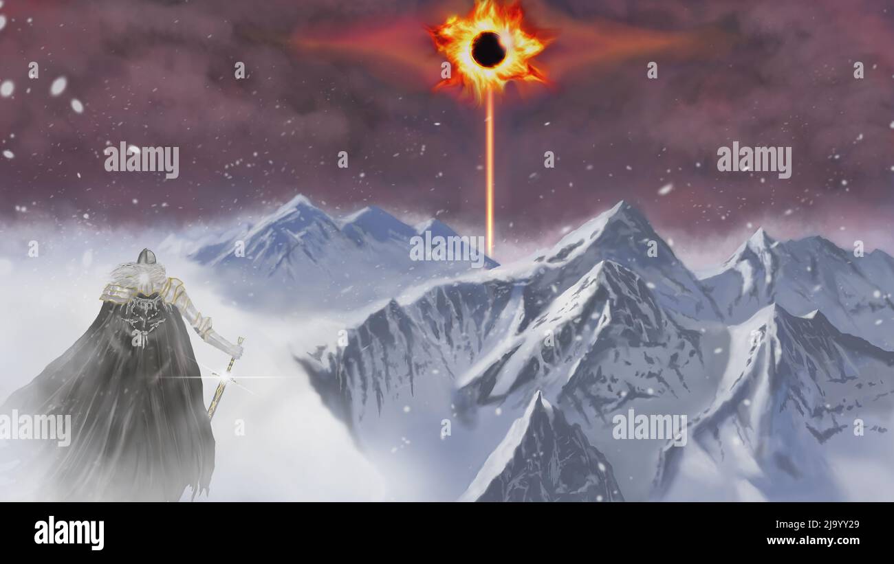Winter fantasy landscape with knight stands look at eclipse with his ...
