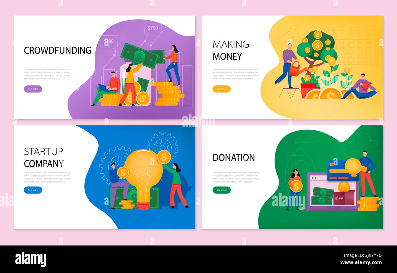 Crowdfunding horizontal banners set with making money symbols flat ...