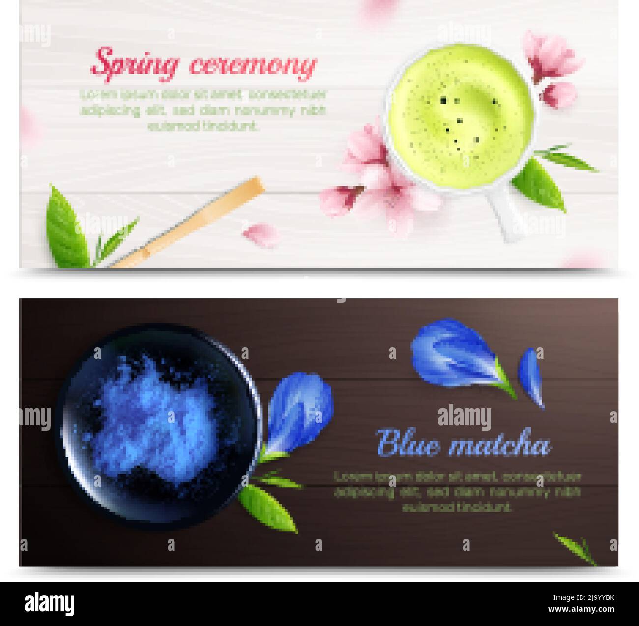 Matcha tea set of horizontal banners with realistic flowers and leaves ...