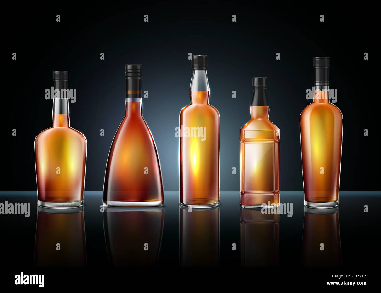 Brandy cognac whiskey glass bottles composition of realistic images ...