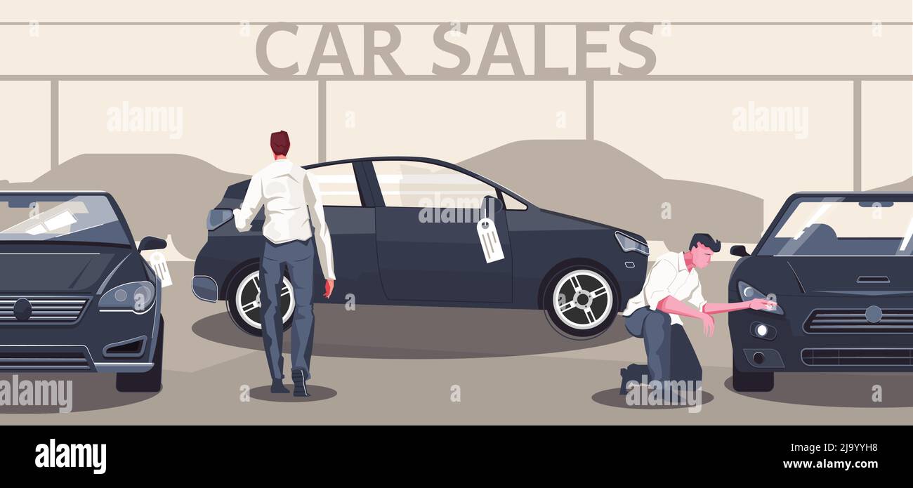 Used car market flat composition of editable text automobile ...