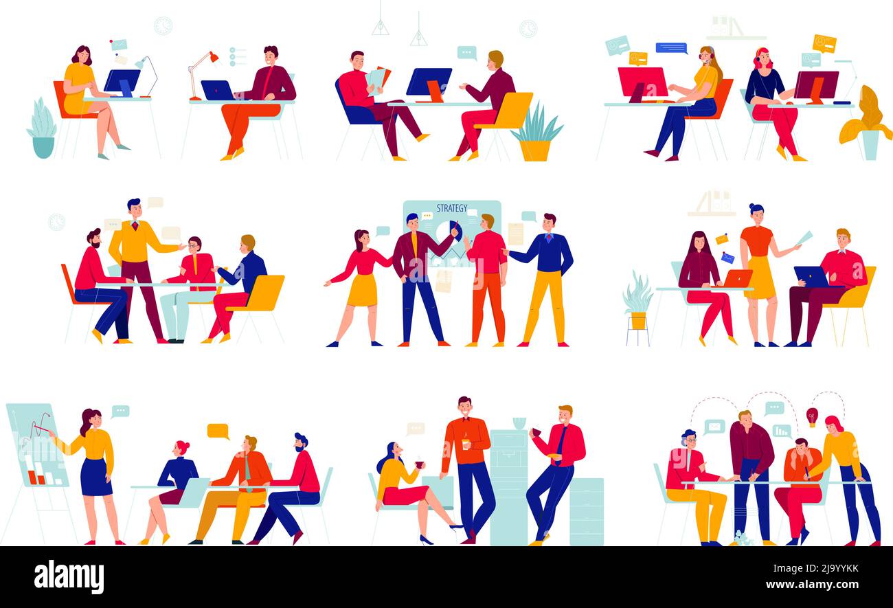 Office people icon set with situations at work meetings coffee breaks ...