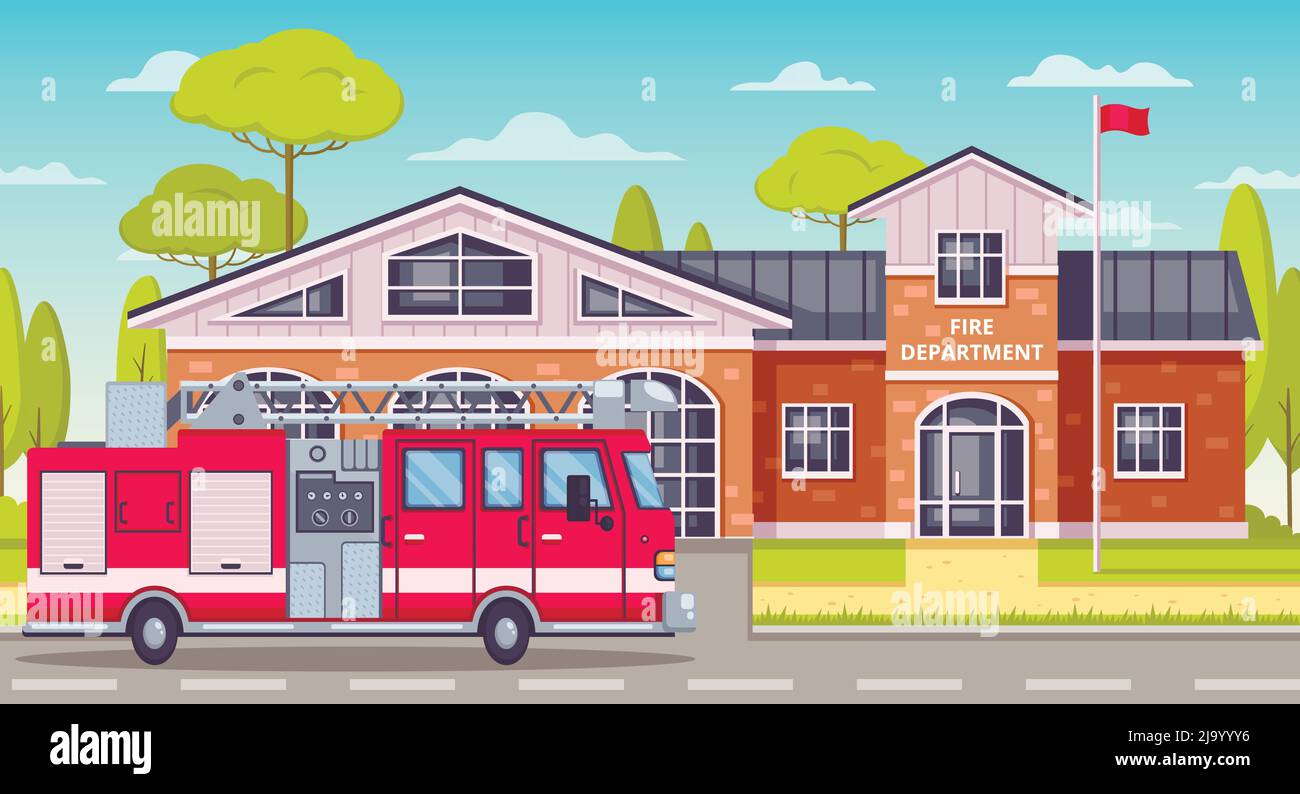 Firefighters cartoon composition with outdoor landscape and fire ...