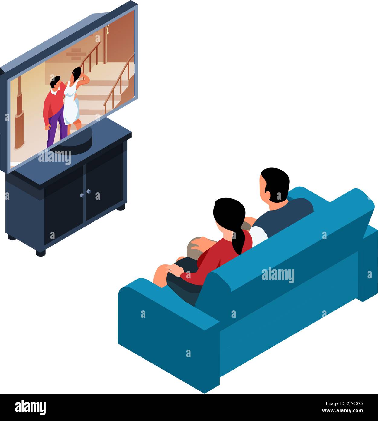 Isometric icon with man and woman watching romantic film on sofa ...
