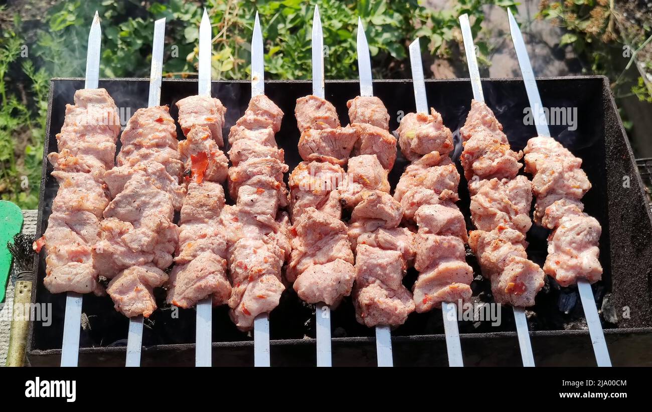 Preparation of shish kebab on brazier Stock Photo - Alamy