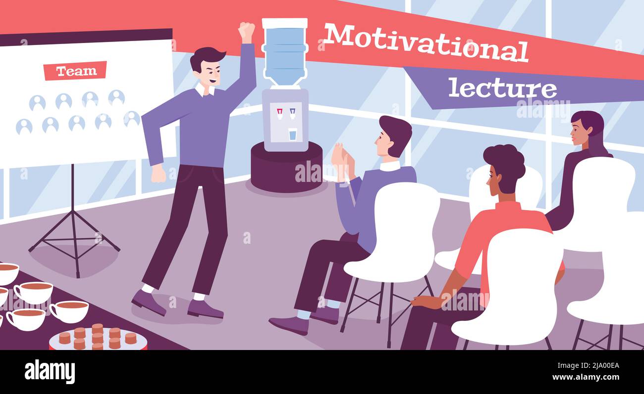 Motivational lecture flat background with business people attending ...