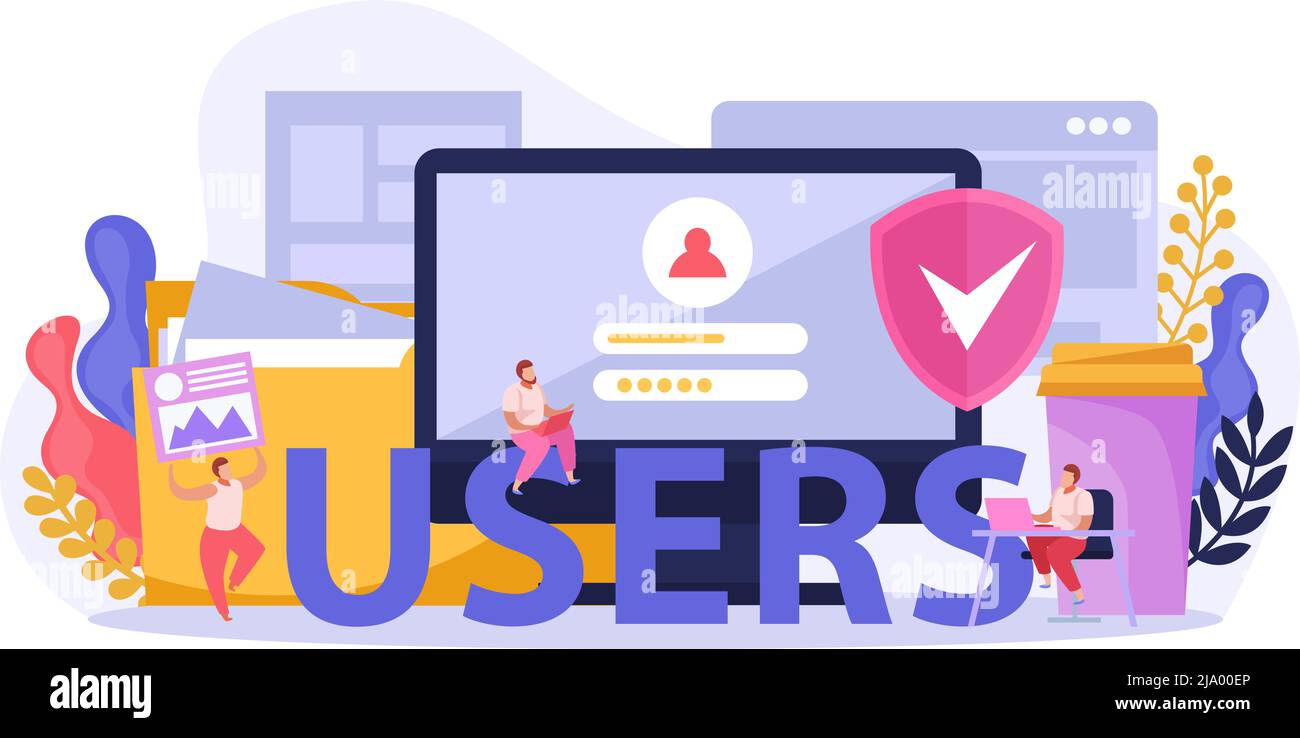 Computer users flat composition of text and human figures with desktop ...