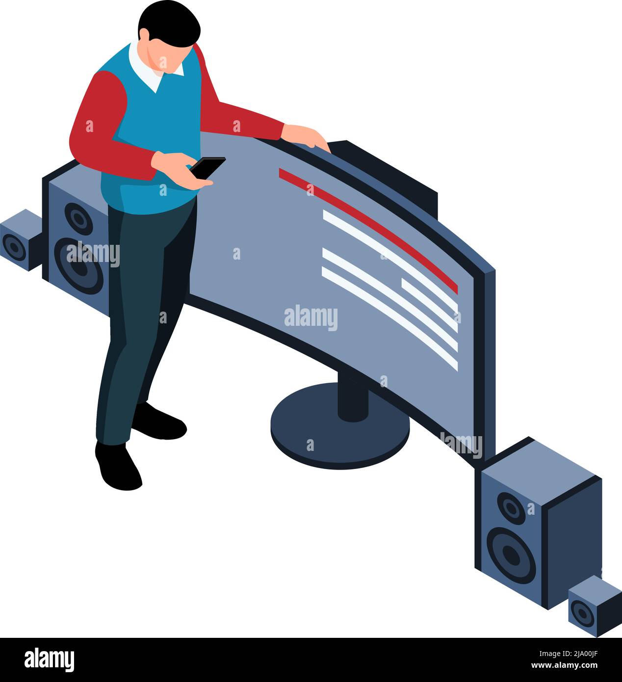 Isometric icon with home theater and character holding remote control ...