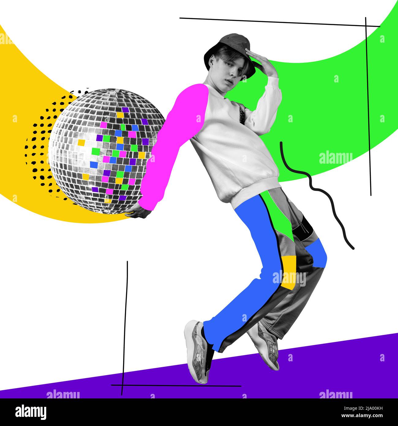 Young stylish boy dancing on abstract background. Bright contemporary ...