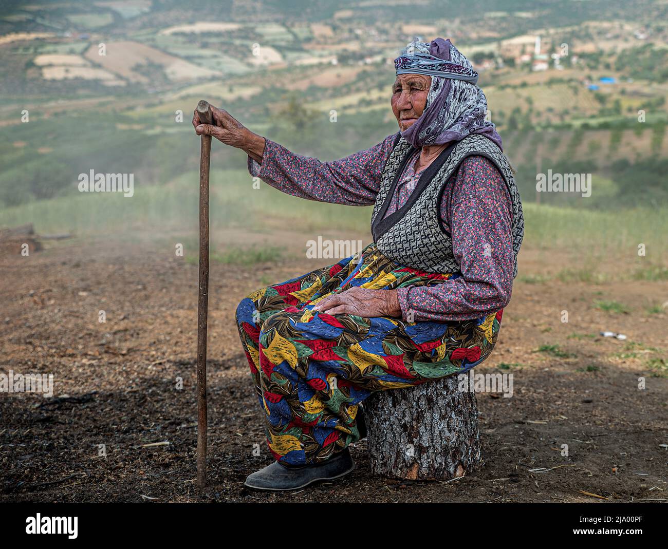an old woman sitting on a tree stump watching her village and ...