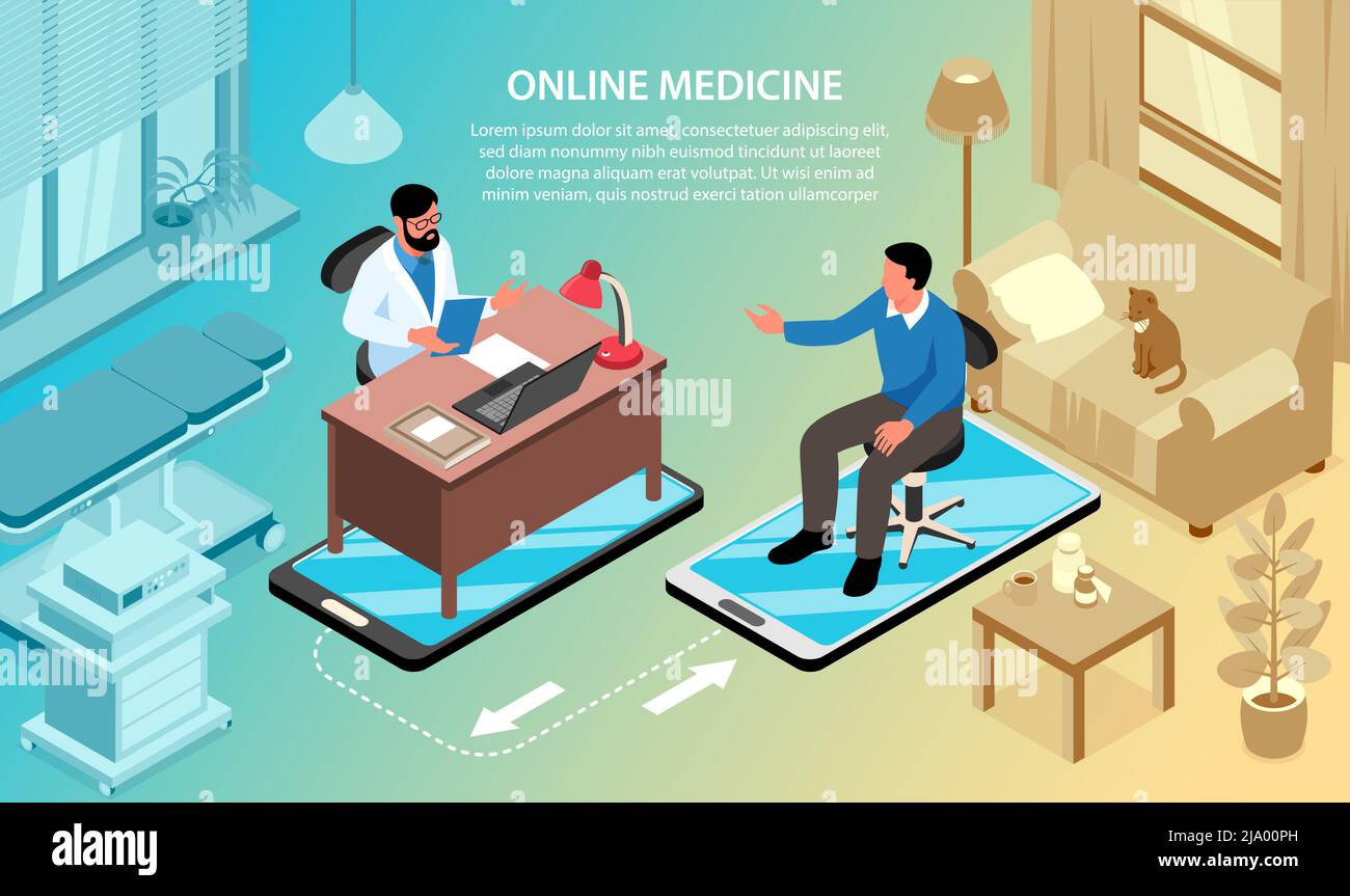 Isometric online medicine horizontal background composition with text ...