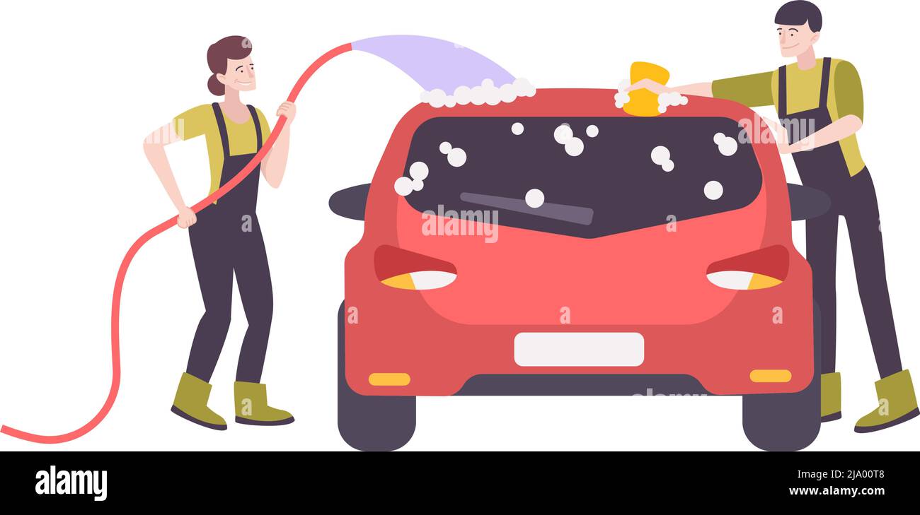 Two happy characters in uniform washing car with soap flat vector ...