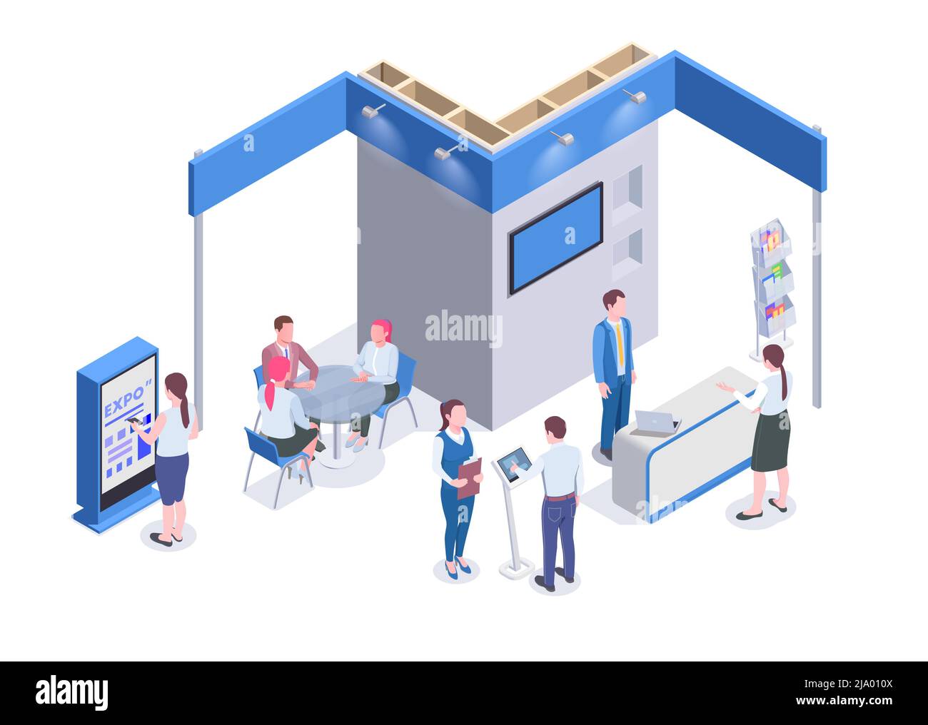 People looking at expo stands and communicating with stuff on ...