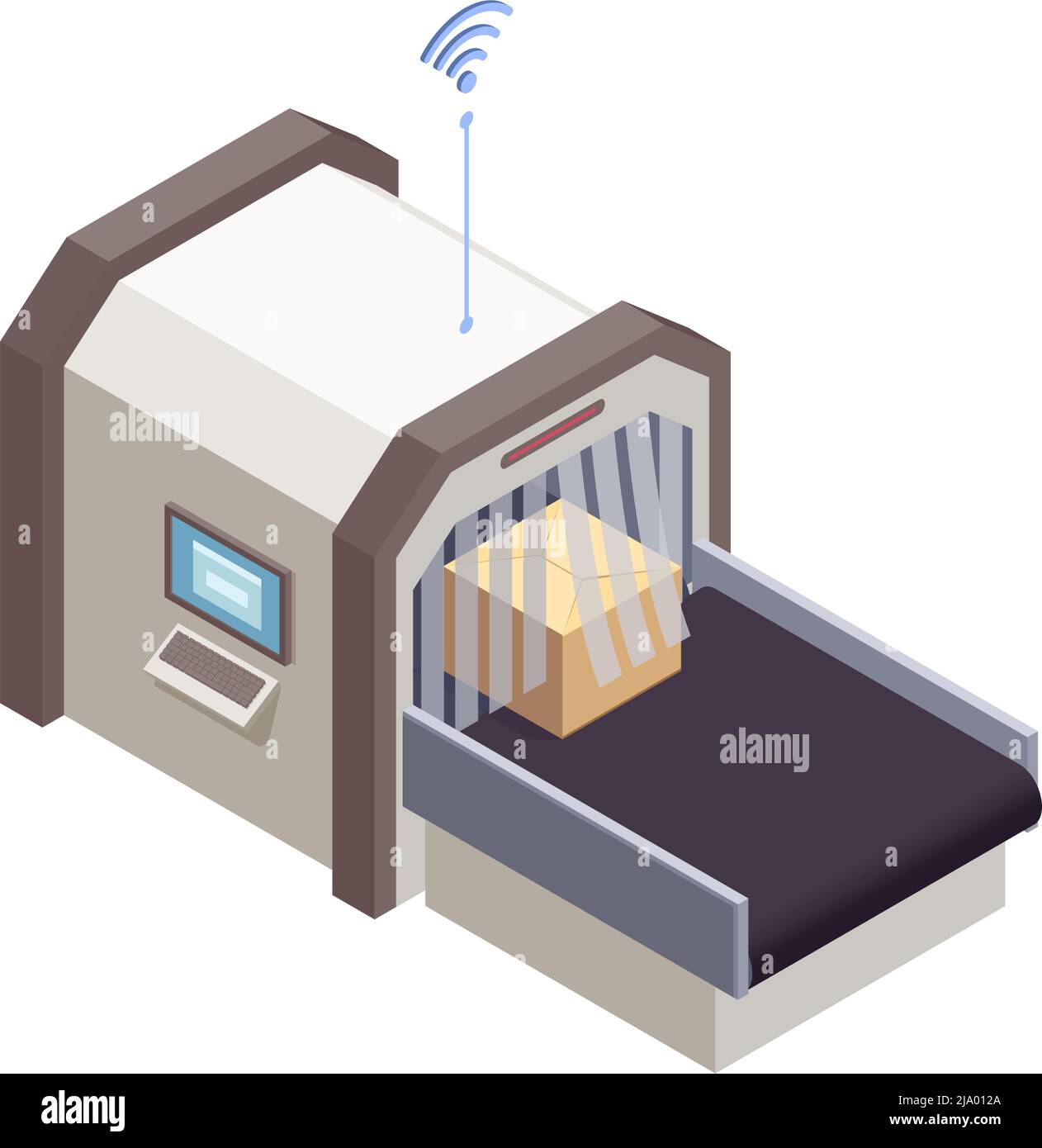 Smart industry isometric icon with cardboard box on automated conveyor ...