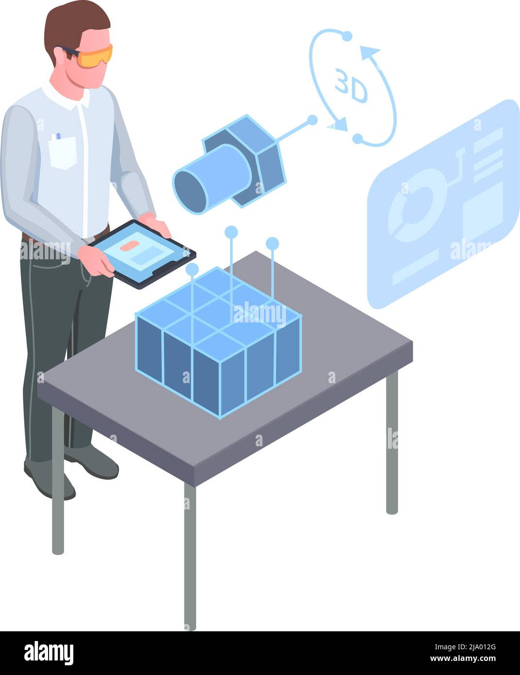 Smart industry 3d modeling process isometric icon with human character ...
