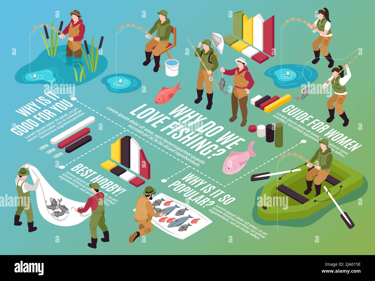 Isometric fishing horizontal flowchart composition with isolated human ...