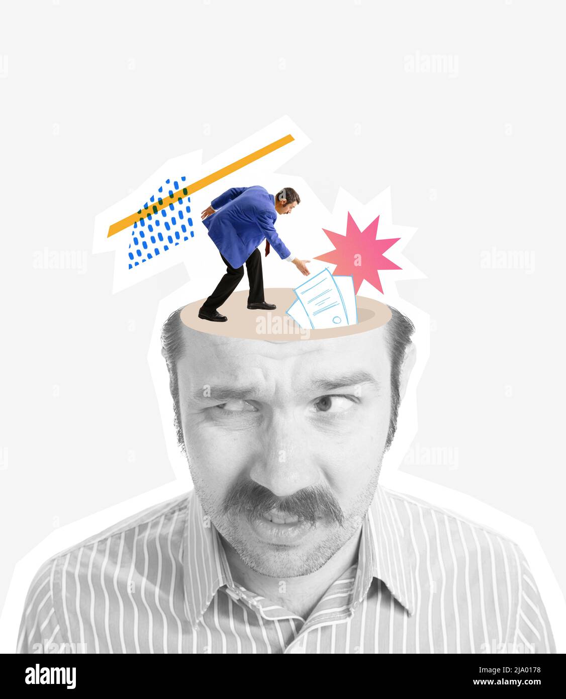 Contemporary art collage. Black and white man's head with colorful ...
