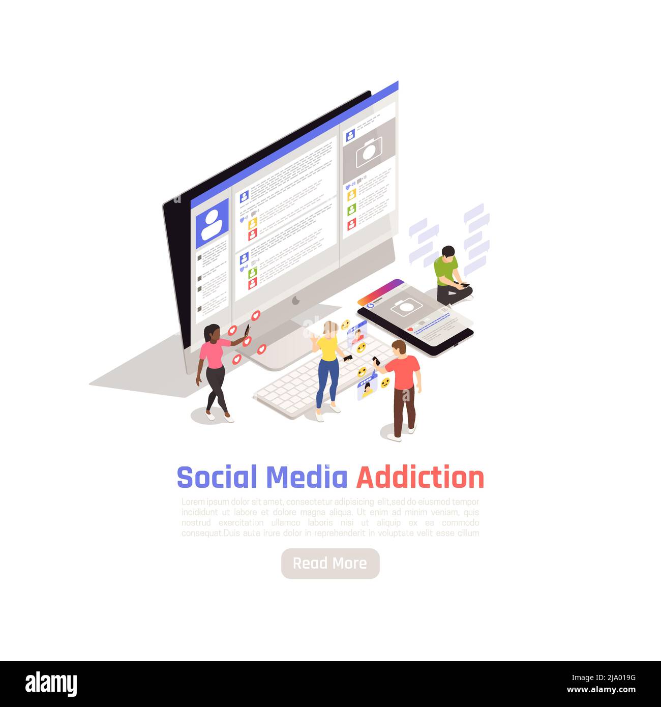 Social network addiction isometric background with images of desktop ...