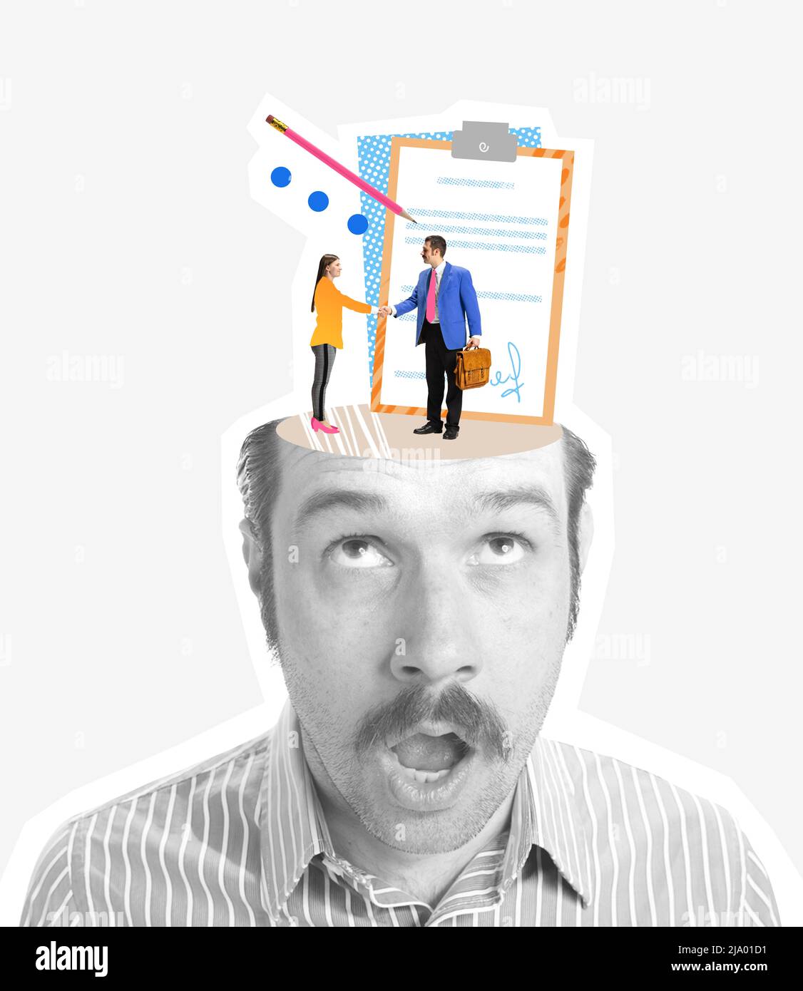 Contemporary art collage. Black and white portrait of businessman ...