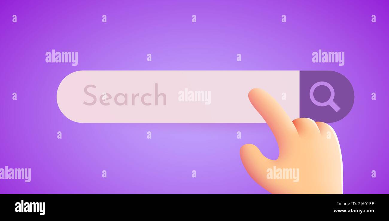 Cartoon hand clicks on the search bar. Searching for information on the ...