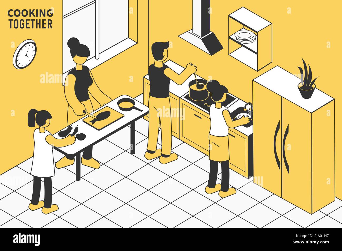 Family with children cooking lunch together in kitchen 3d isometric ...