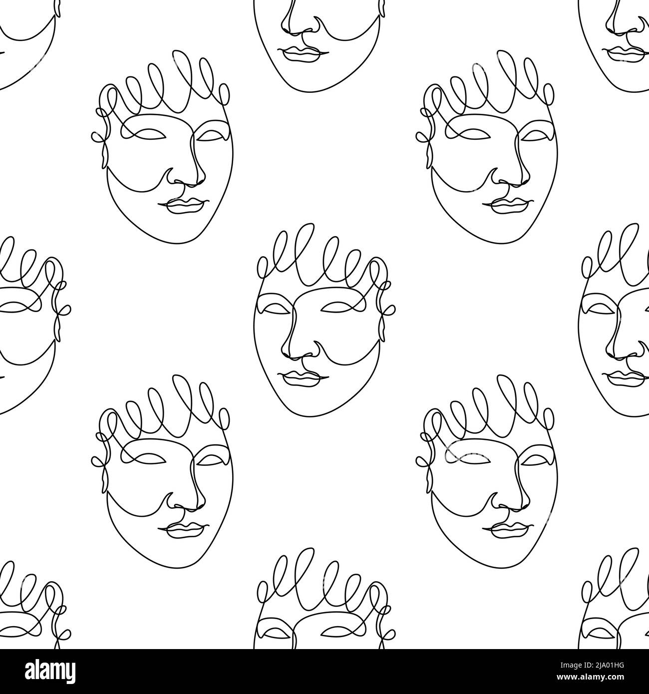 Seamless pattern with black one single line drawings of female faces ...
