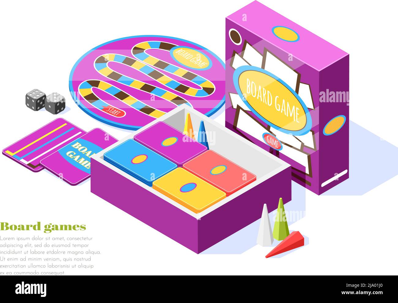 Board games set isometric composition with game elements tools and ...