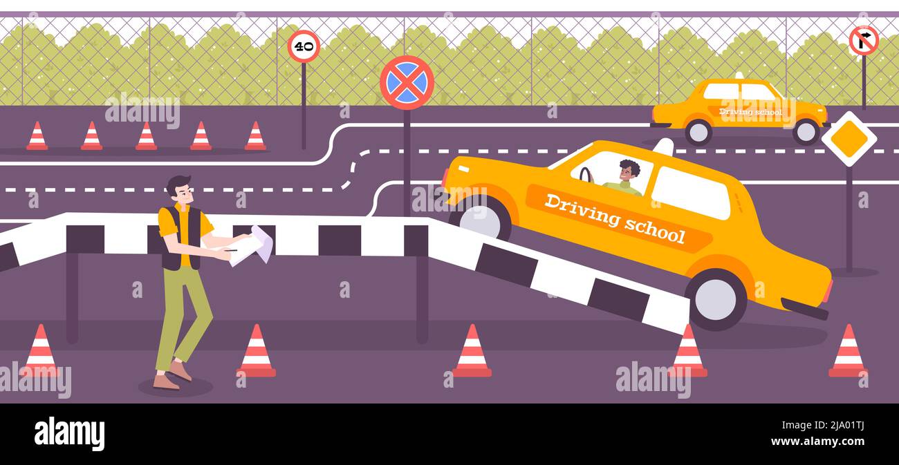 Driving school training background with practice symbols flat vector ...