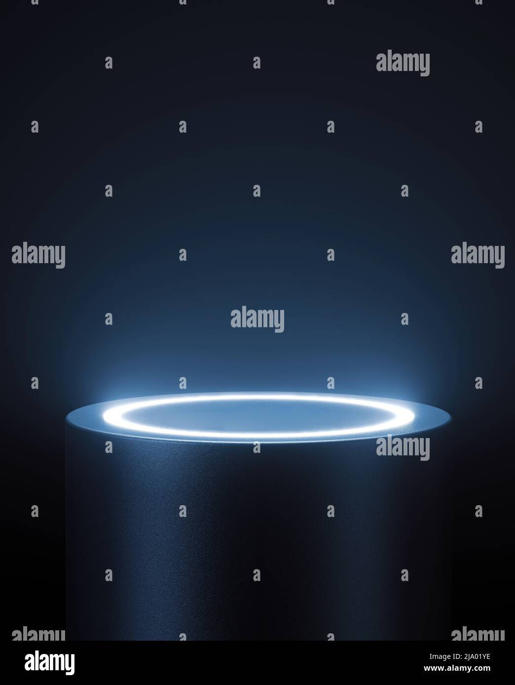 Dark blue empty pedestal with illuminated border and center. 3d ...