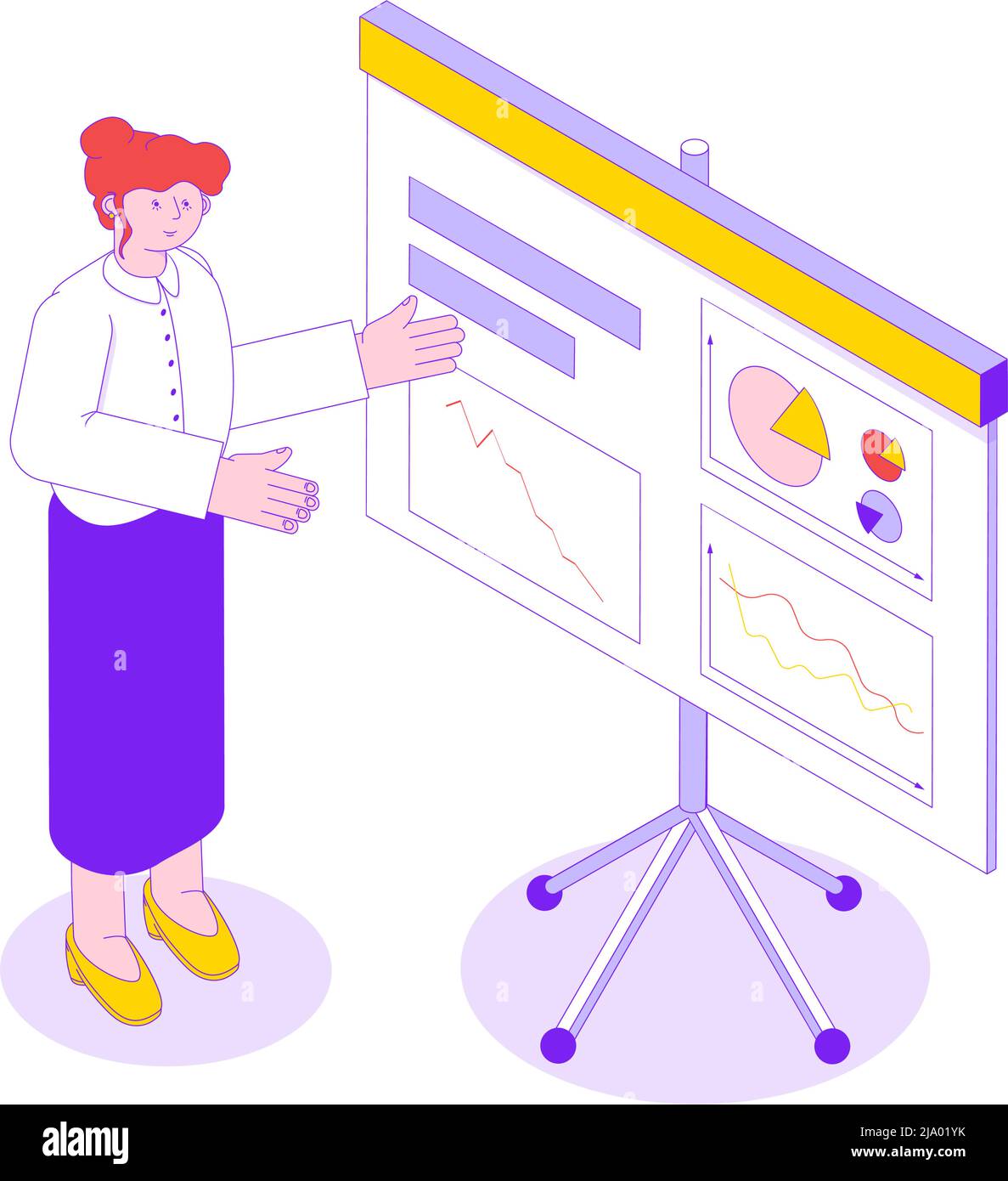 Isometric icon with businesswoman doing presentation with diagrams and ...