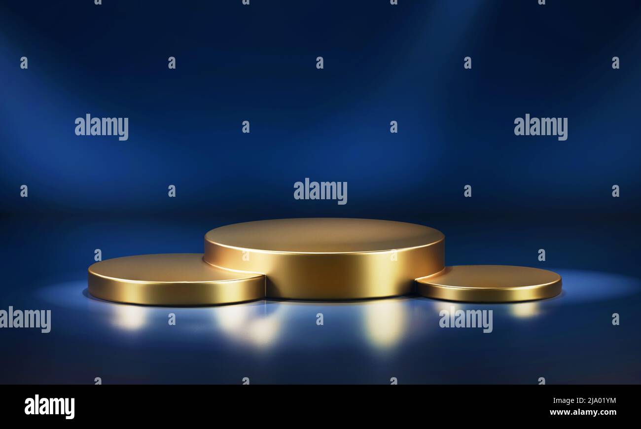Golden colour winners podium against blue background. 3d computer ...