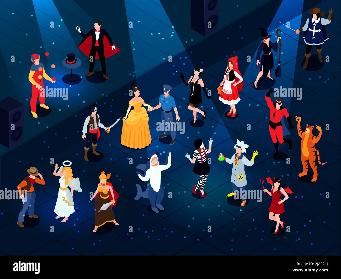 Isometric festive masquerade carnival composition with human characters ...