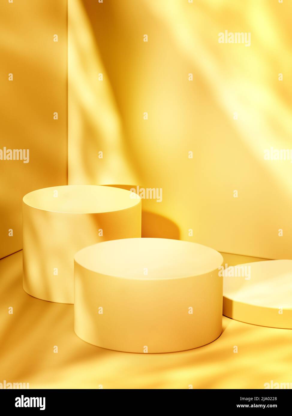 Group of empty round pedestals in corner, yellow colour theme. 3d ...