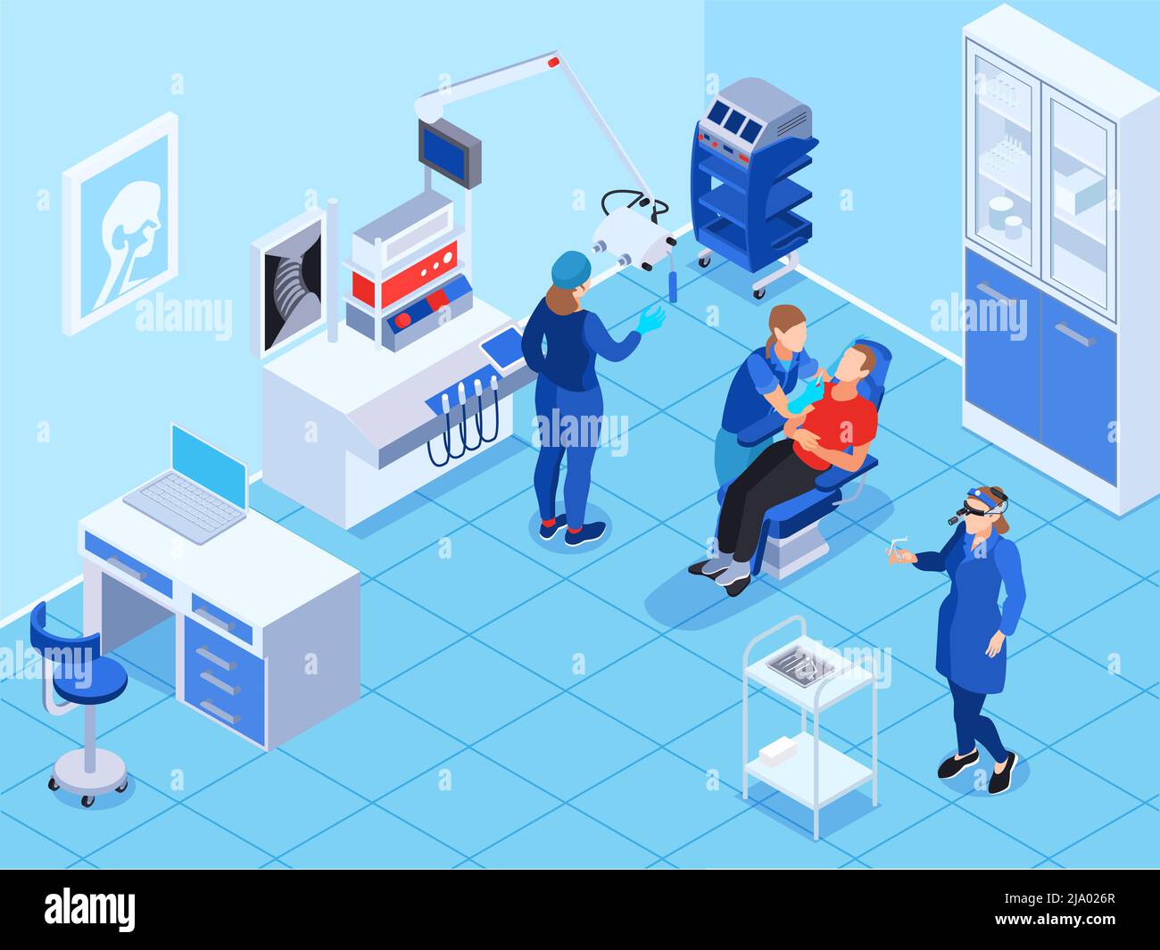 Isometric doctor ent composition with indoor view of medical station ...